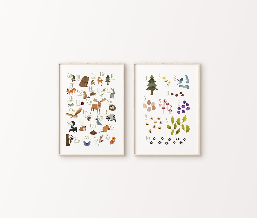 Woodland Alphabet Poster Set of 2 | Green ABC and 123 Numbers| Animal ...