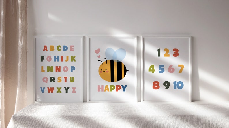 Rainbow Alphabet Poster Set of 3 ABC 123 Bee Happy Print - Etsy