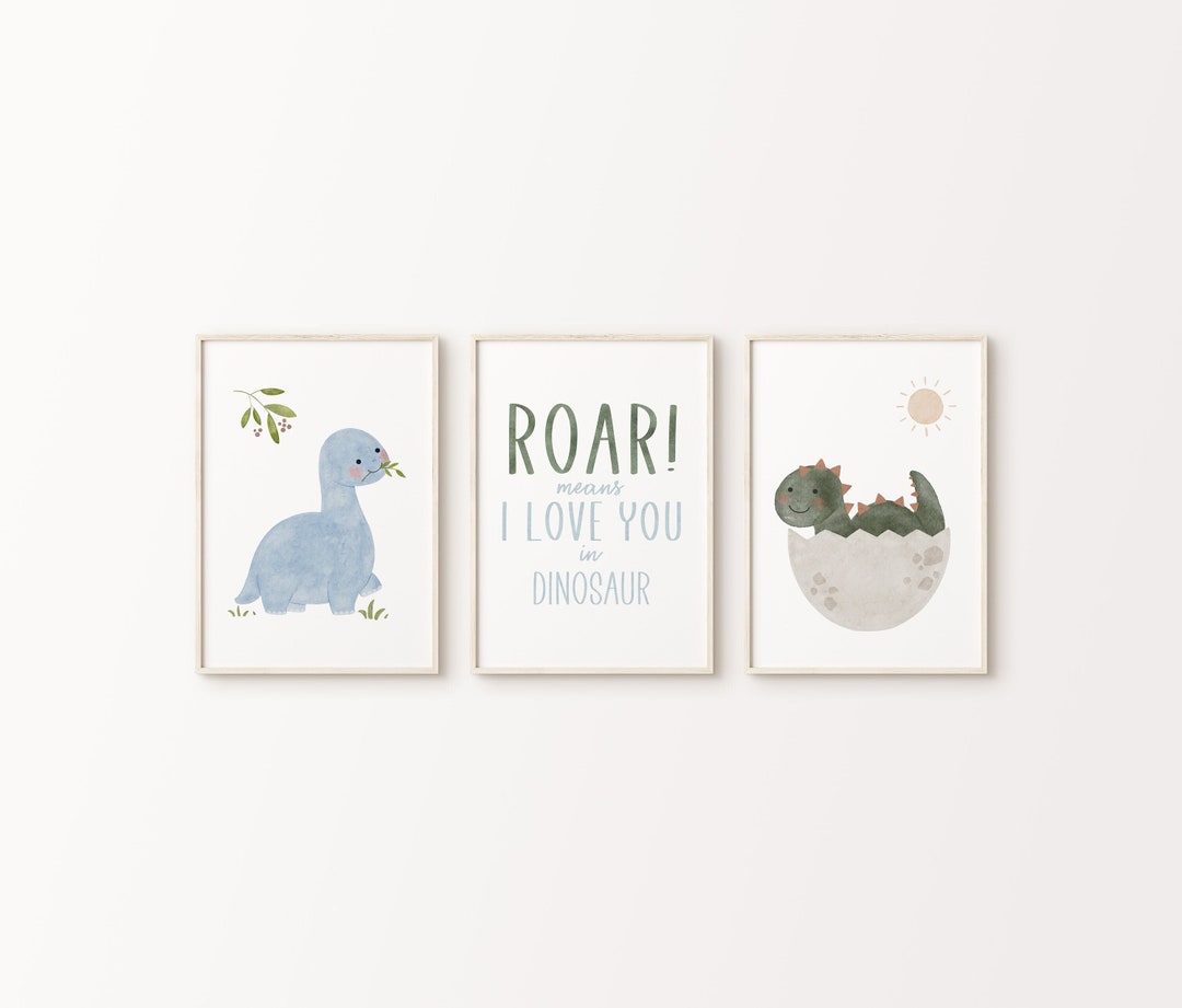 Neutral Dinosaur Prints Set of 3 | Blue and Green Dino, Roar Quotes ...
