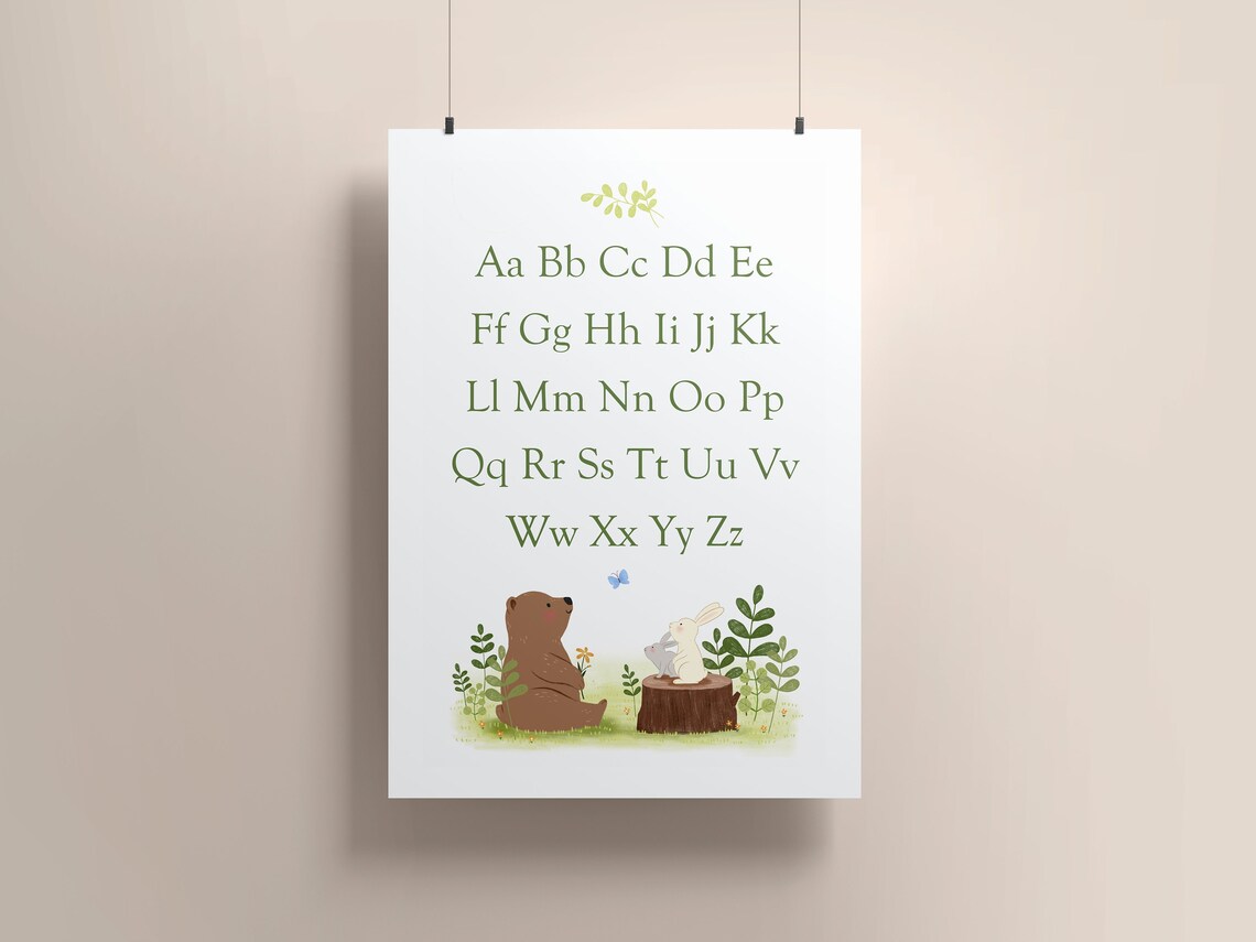 Green Alphabet Poster Woodland ABC Print Printable Wall | Etsy