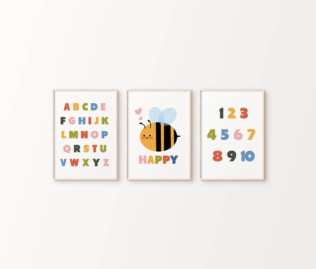 Rainbow Alphabet Poster Set of 3 | ABC, 123, Bee Happy Print ...