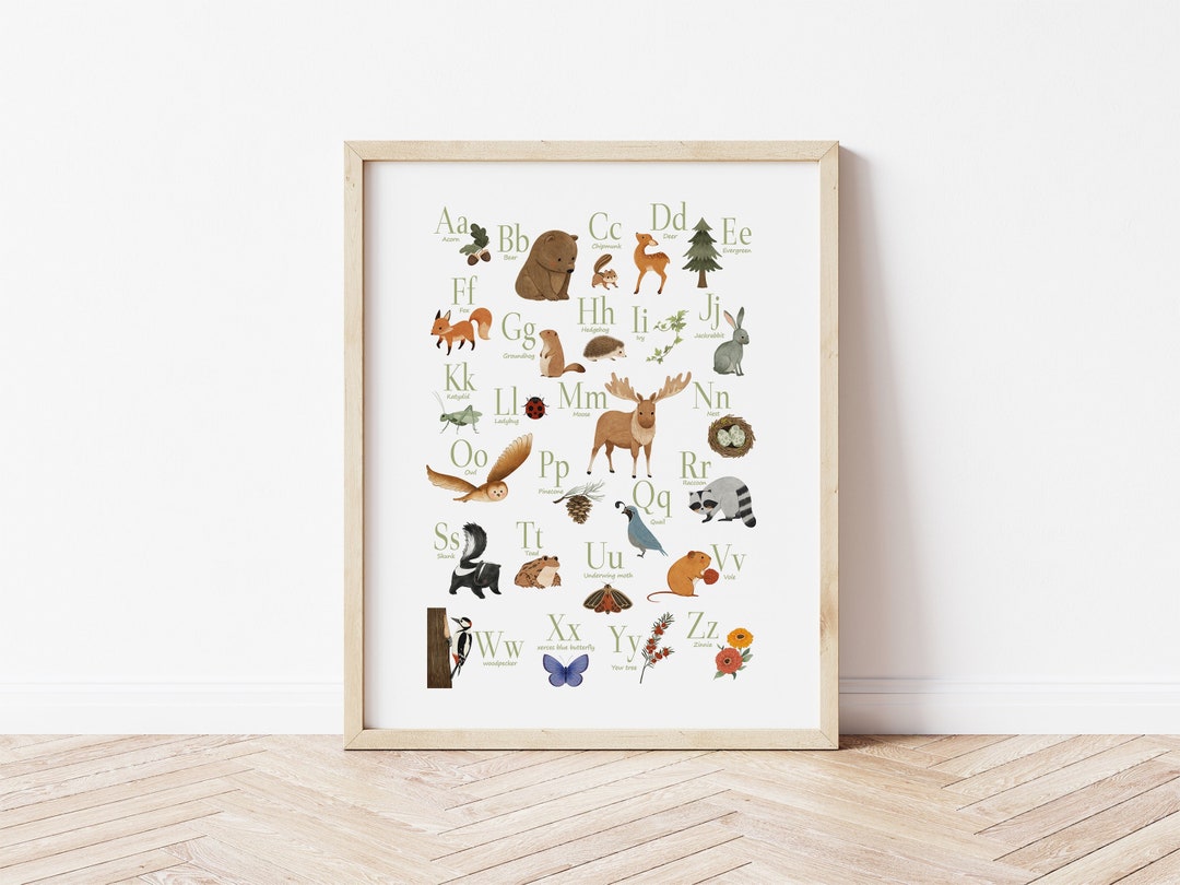 Woodland Alphabet Poster | Pale Green ABC Print | Neutral Nursery Decor ...
