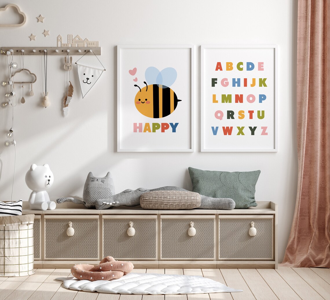 Rainbow Colorful Alphabet Poster Cute Bee Happy Print | Etsy