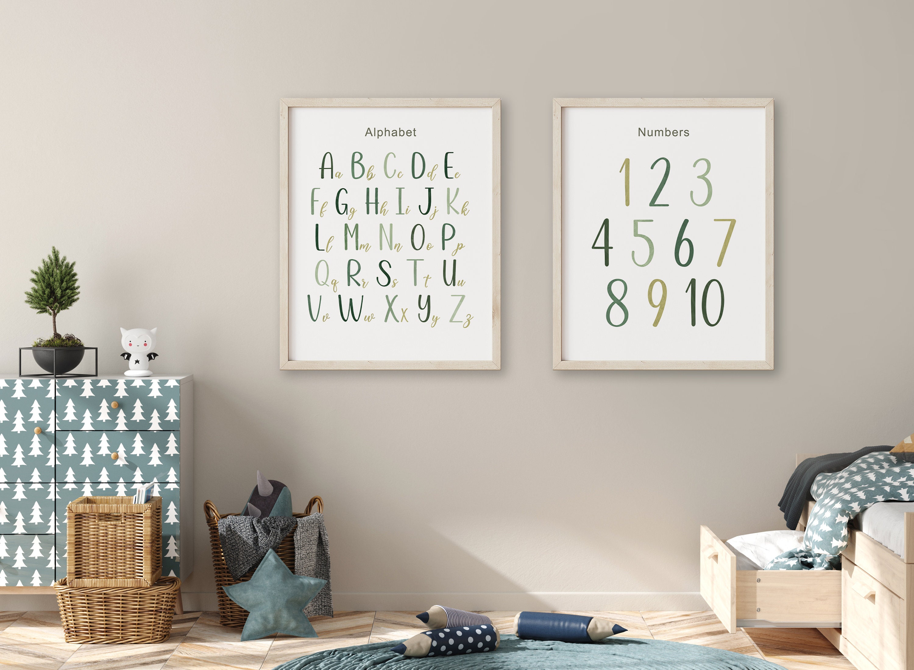 Sage Green Alphabet & Numbers Print Set: Educational Nursery Art ...