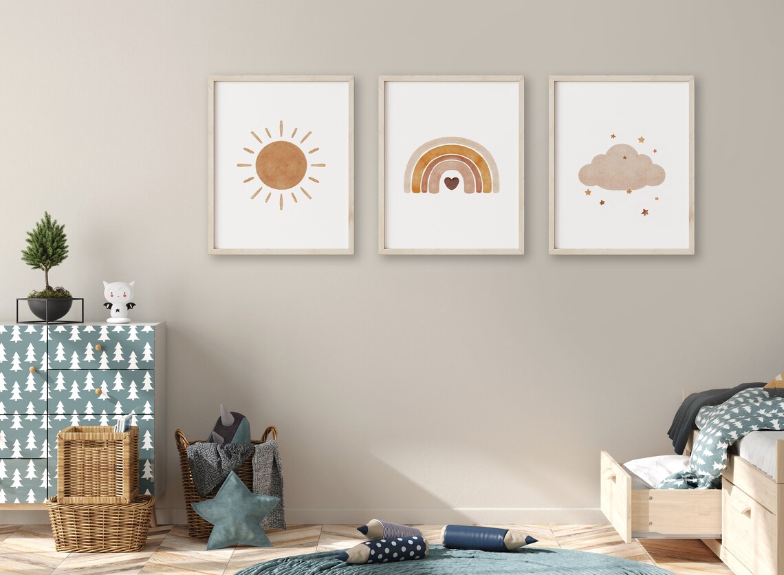 Neutral Nursery Decor Boho Rainbow Print Set of 3 Cloud | Etsy