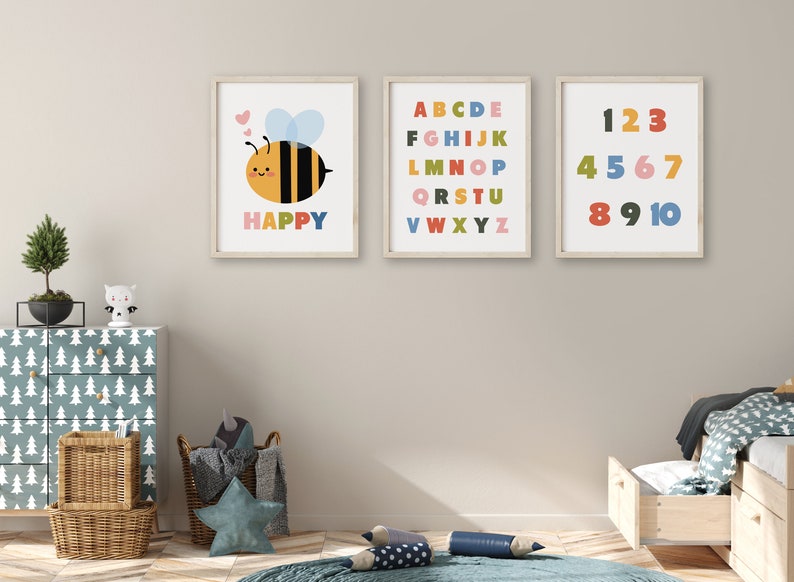 Rainbow Alphabet Poster Set of 3 ABC 123 Bee Happy Print - Etsy