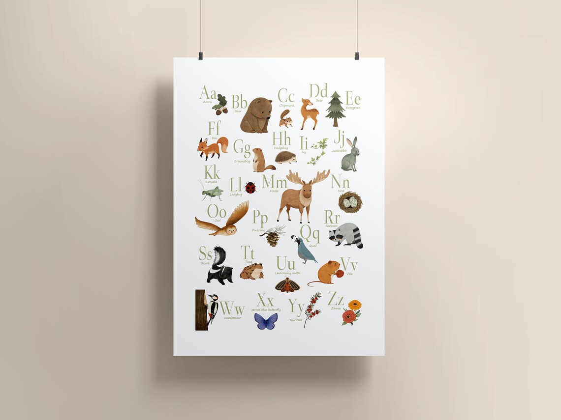 Woodland Alphabet Poster Pale Green ABC Print Neutral | Etsy