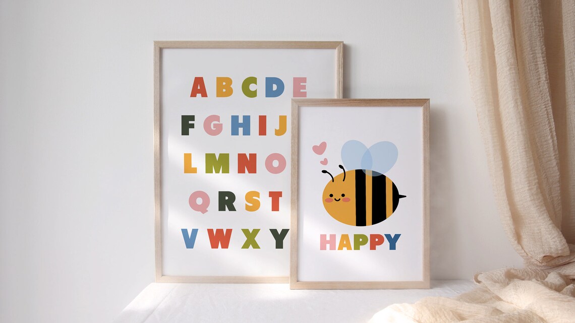 Rainbow Colorful Alphabet Poster Cute Bee Happy Print | Etsy