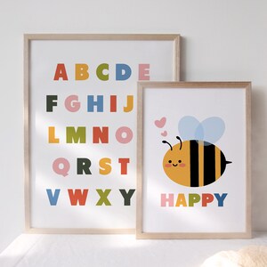 Rainbow Colorful Alphabet Poster | Cute Bee Happy Print | Nursery Wall ...