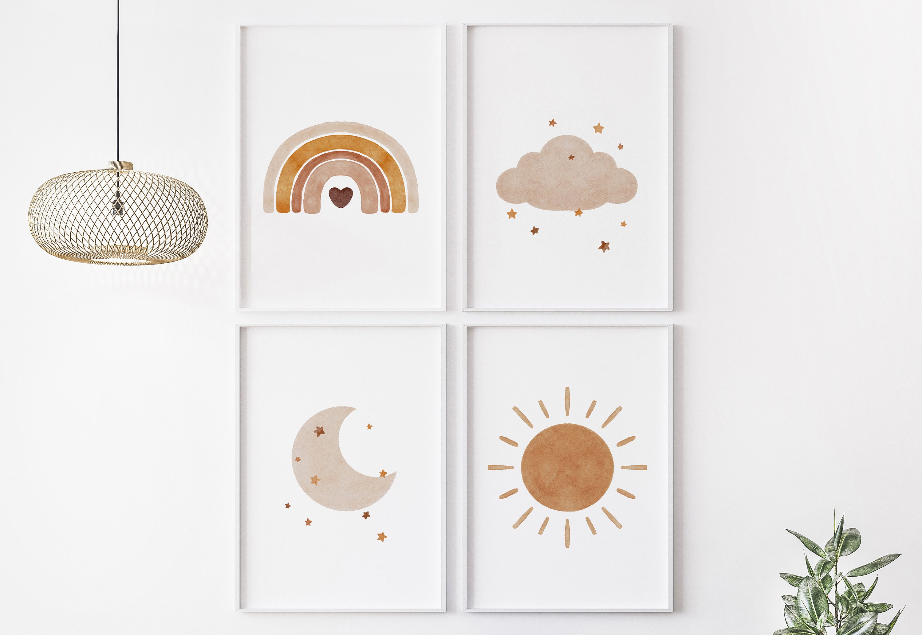 Boho Celestial Art Set of 4 Cloud Sun Rainbow Moon - Etsy