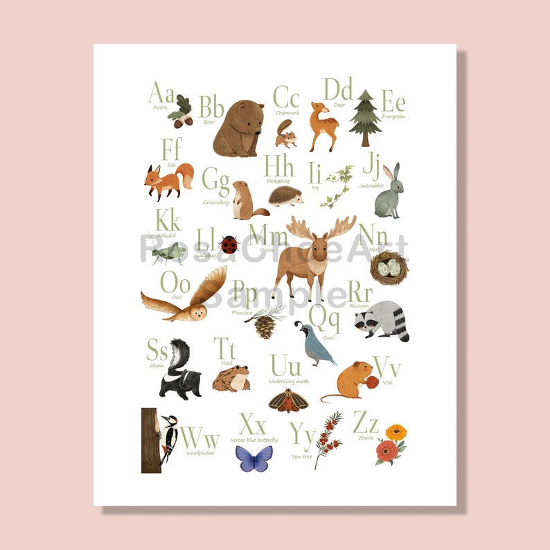 Woodland Alphabet Poster Pale Green ABC Print Neutral | Etsy