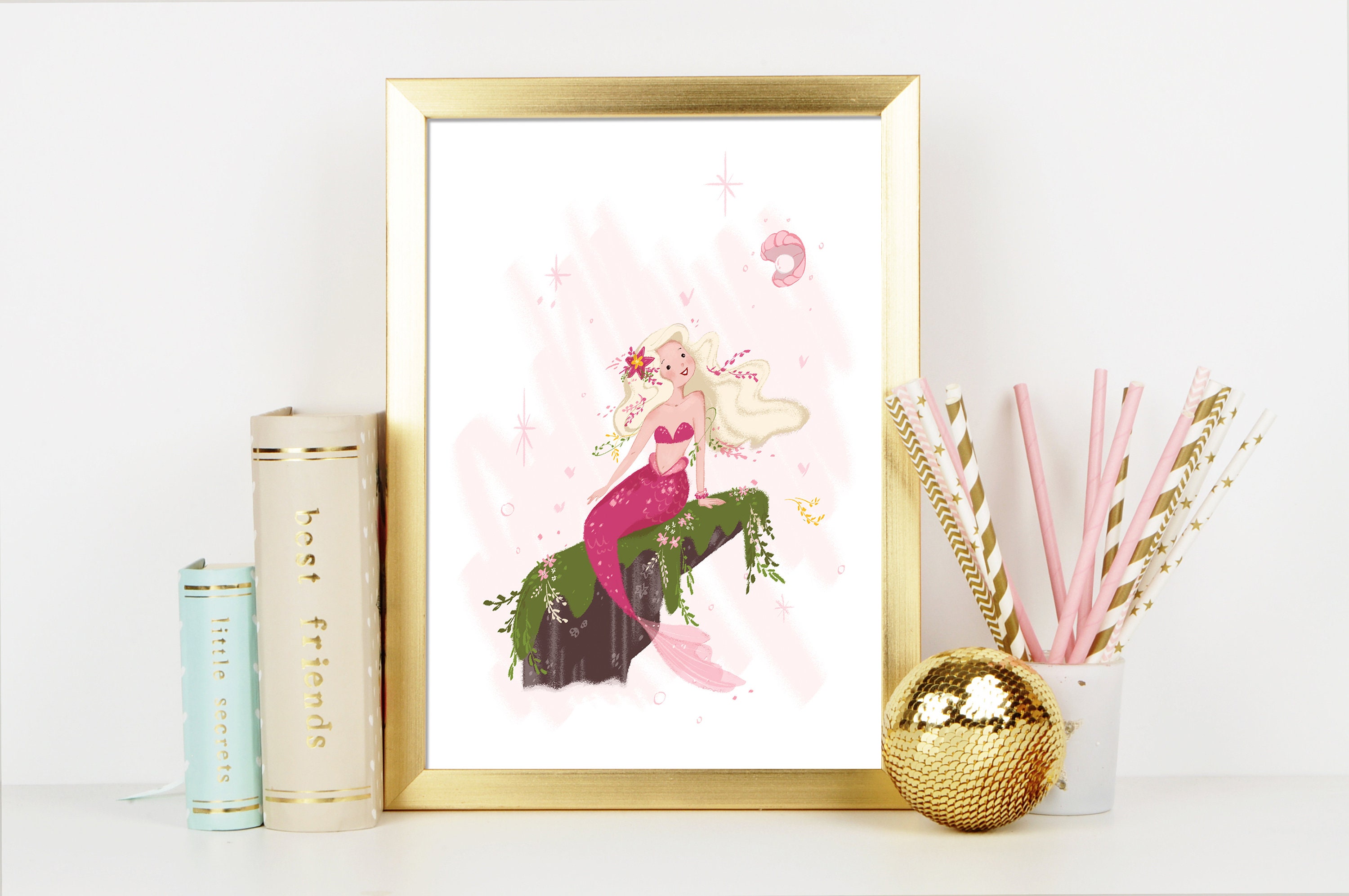 Pink Mermaid Art Print Nursery Printable Wall Art Girls Room - Etsy