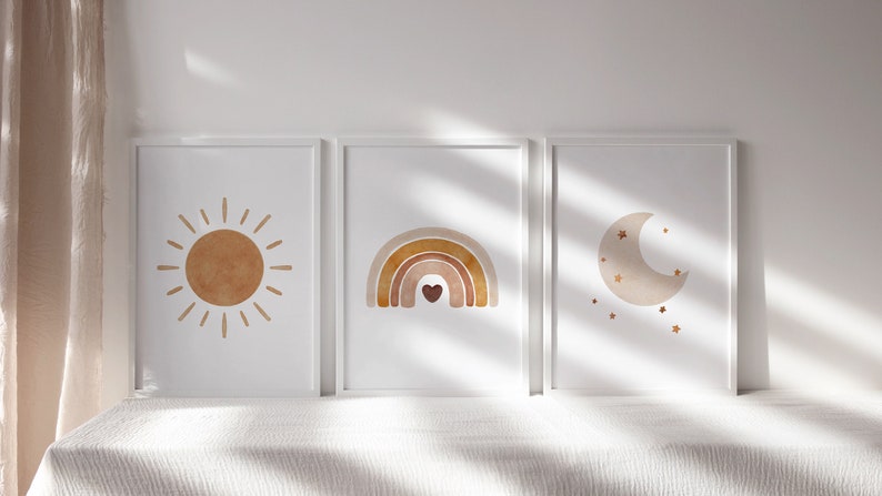 Boho Sun, Moon, Rainbow Nursery Prints: Celestial Art Set (digital ...