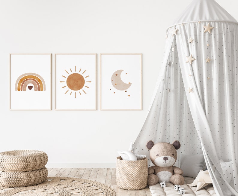 Boho Sun, Moon, Rainbow Nursery Prints: Celestial Art Set (digital ...