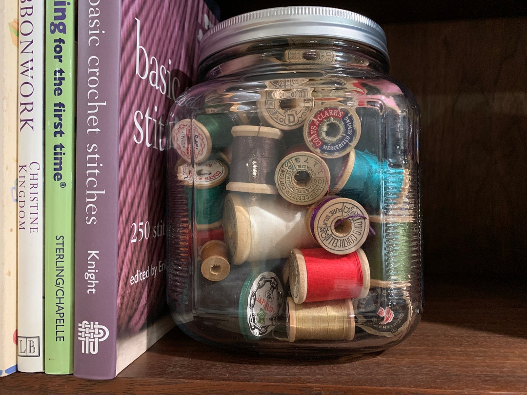 Vintage Wooden Spools of Thread Jar of 76 Spools, Colored Thread Great ...