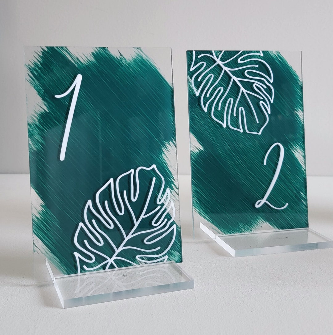 Acrylic Table Numbers With Monstera Leaf Illustration | Hand Lettered ...