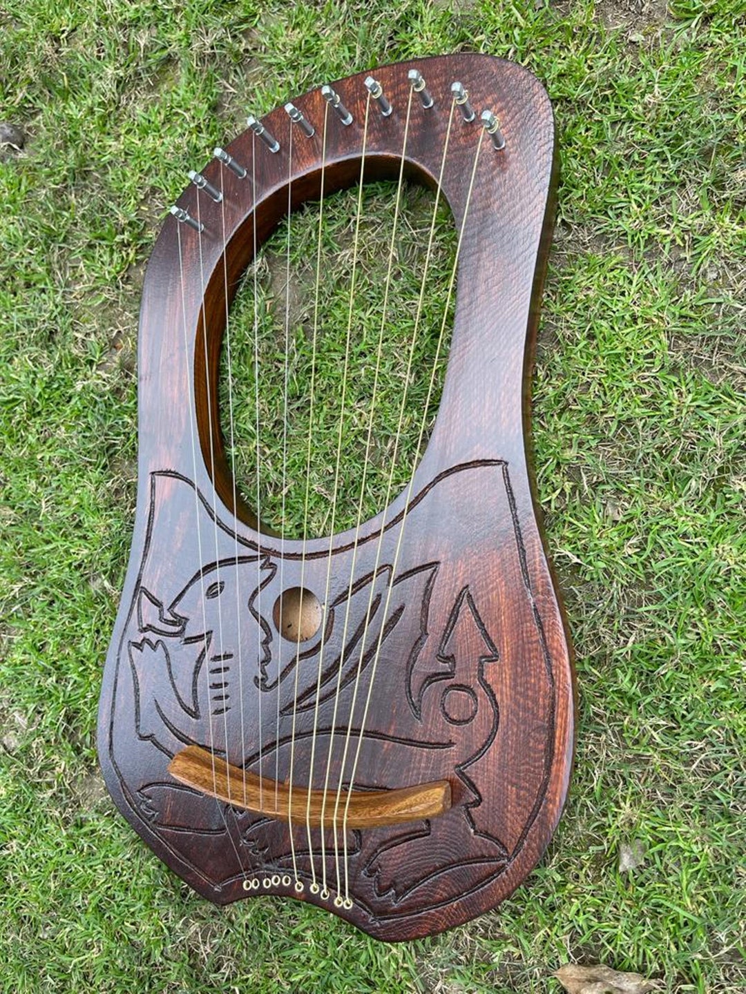 New Lyre Harp Engraved Celtic Welsh Dragon Lyra Harp Handmade Sheesham ...
