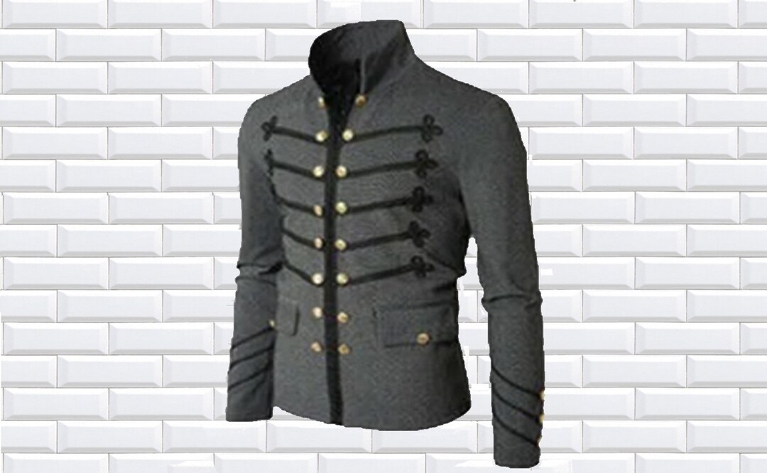 Men Handmade 100% Cotton Black Embroidery Grey Military Napoleon Zip ...