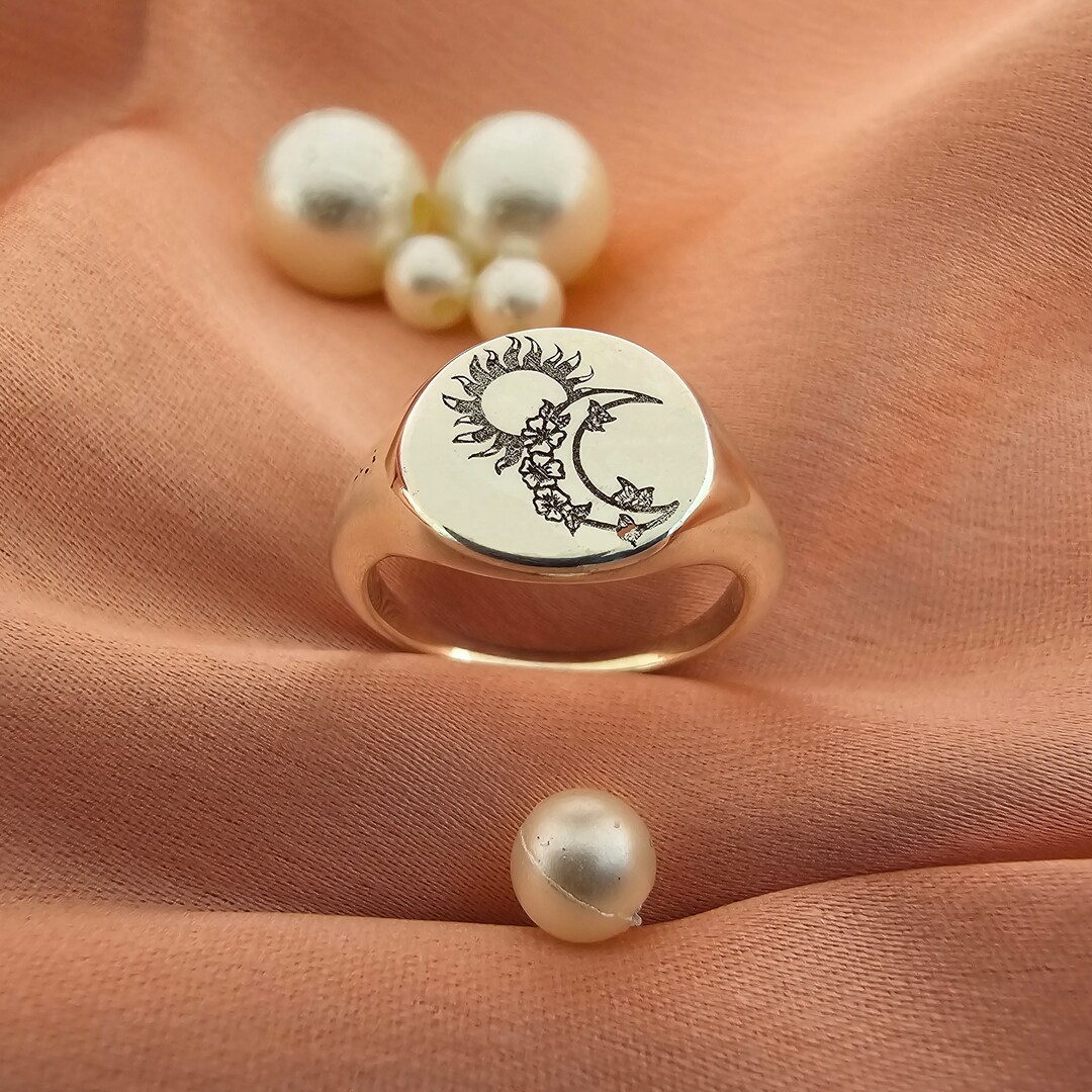 Sun Moon Ring Sterling Silver, Floral Sun Moon Gifts, Sun Moon Engraved ...