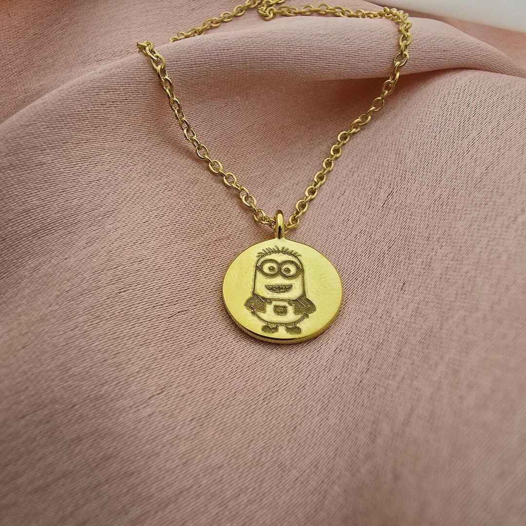 Minion Necklace, 13 MM Disk Minion Engraved Pendant, 14K Gold Necklace ...