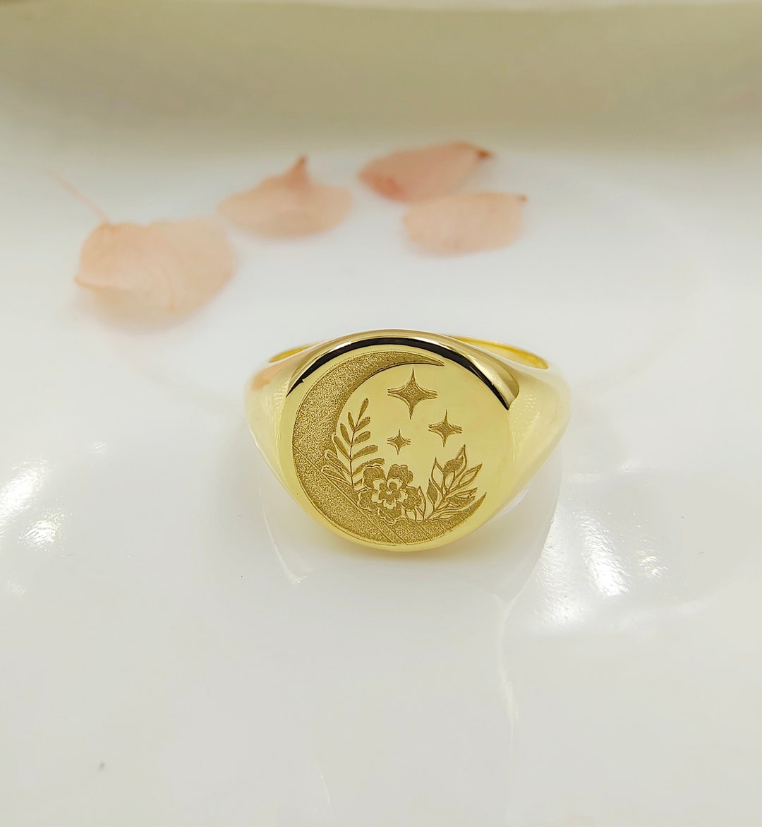 925 Sterling Silver Moon and Flower Ring, Moon Ring, Floral Ring, Moon ...