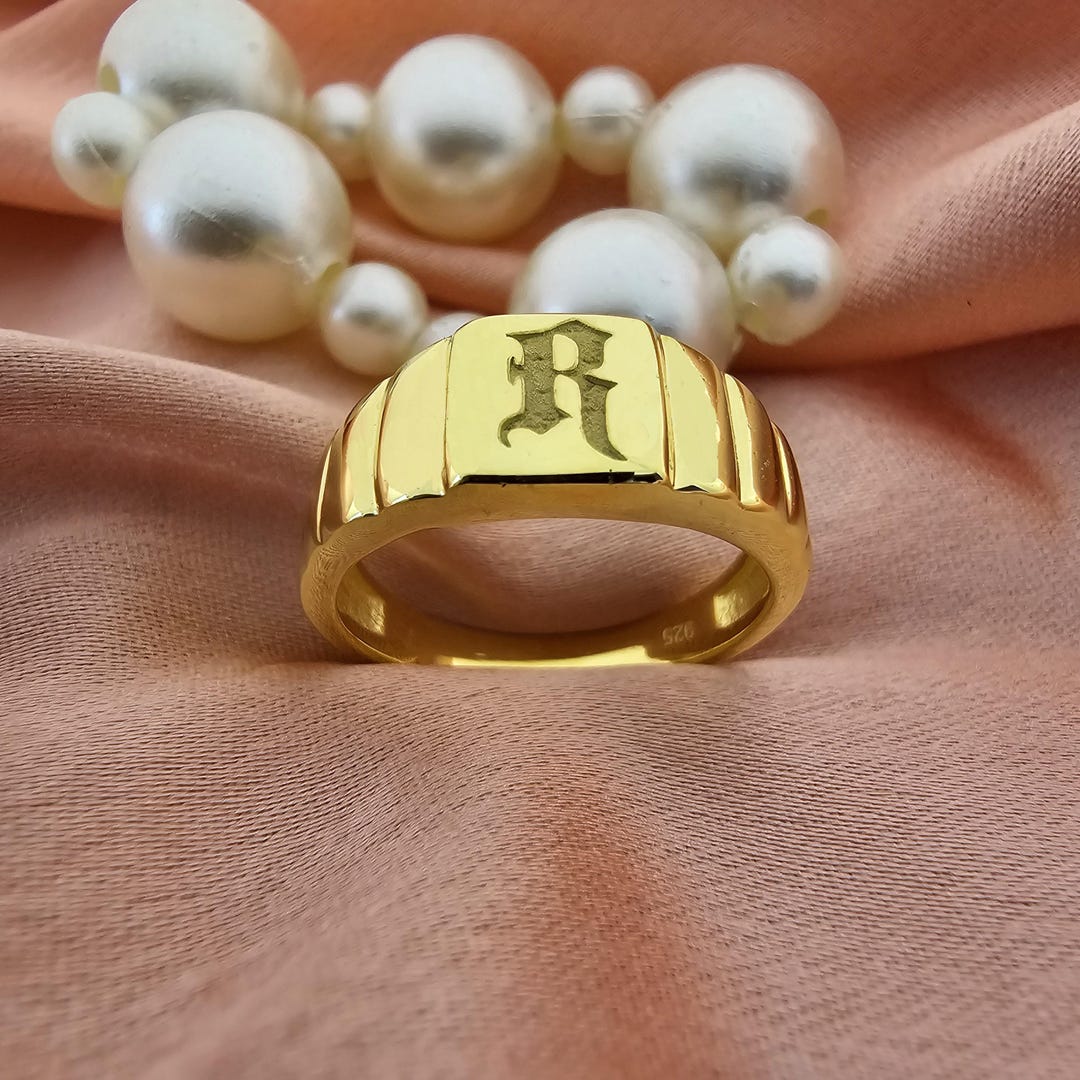 Initial Ring 14K Gold Men Women, Square Signet Ring, Rollie Chain Ring ...