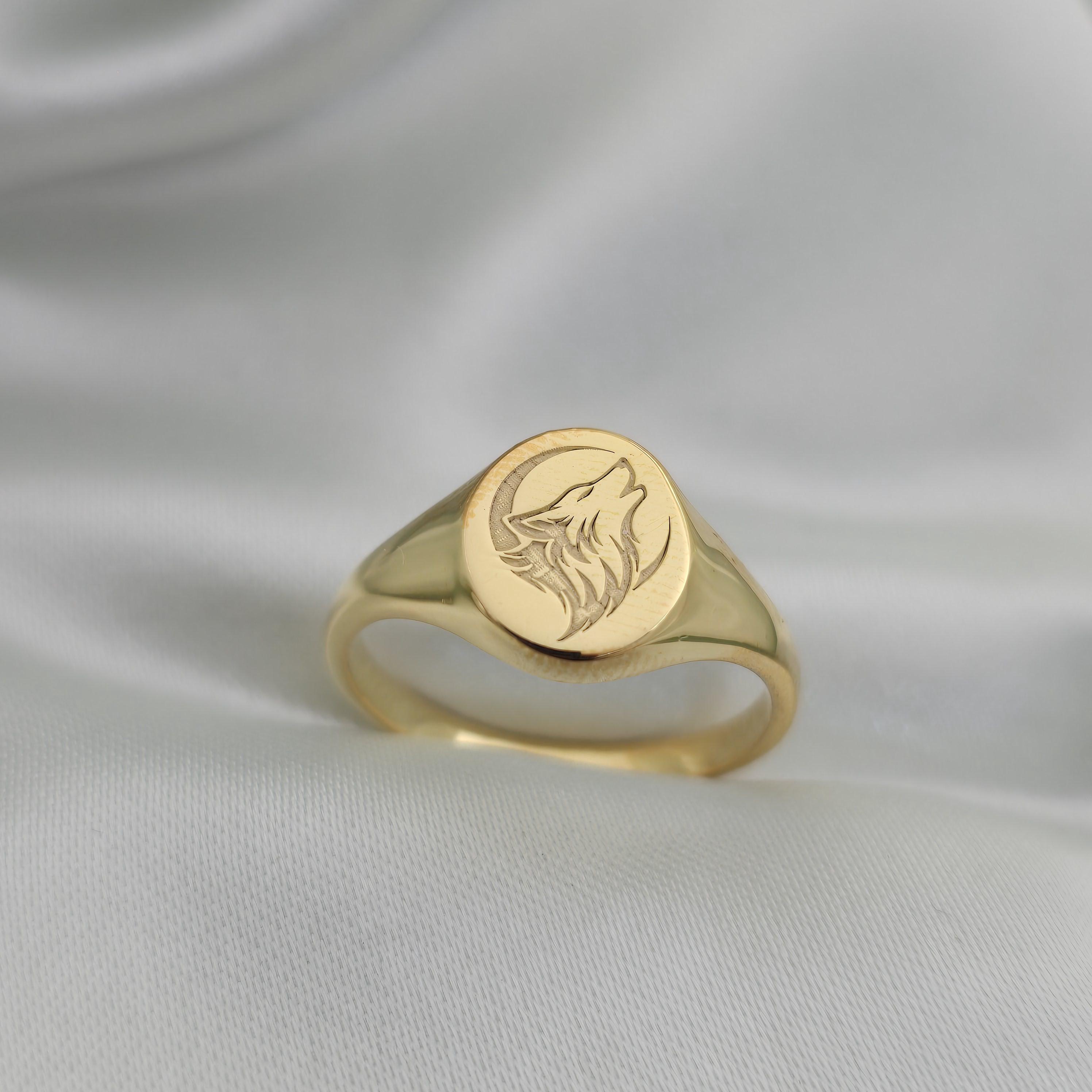 14K Gold Wolf Signet Ring | Personalized Jewelry | Howling Wolf ...