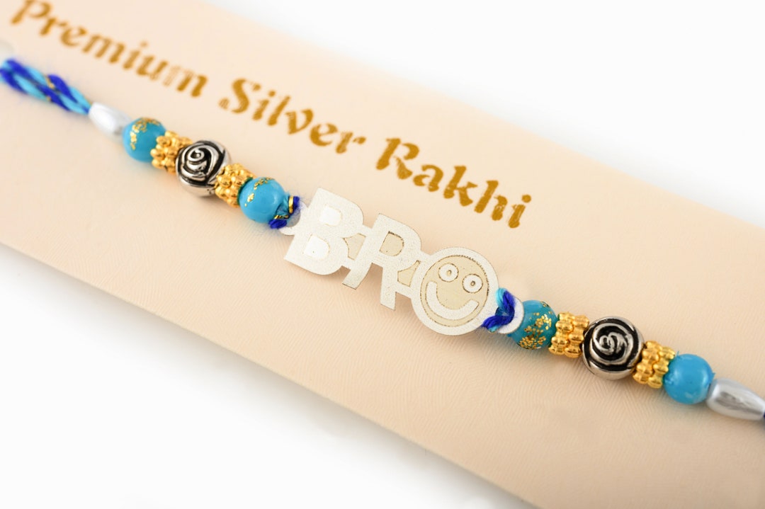 Bro Rakhi Silver Bracelet - FREE ENGRAVING - Blue Color Soft Thread ...