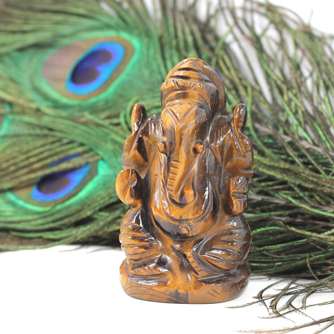 Tiger Eye Ganesh Statue, Hand Carved Crystal Figure, Healing Decor - Etsy