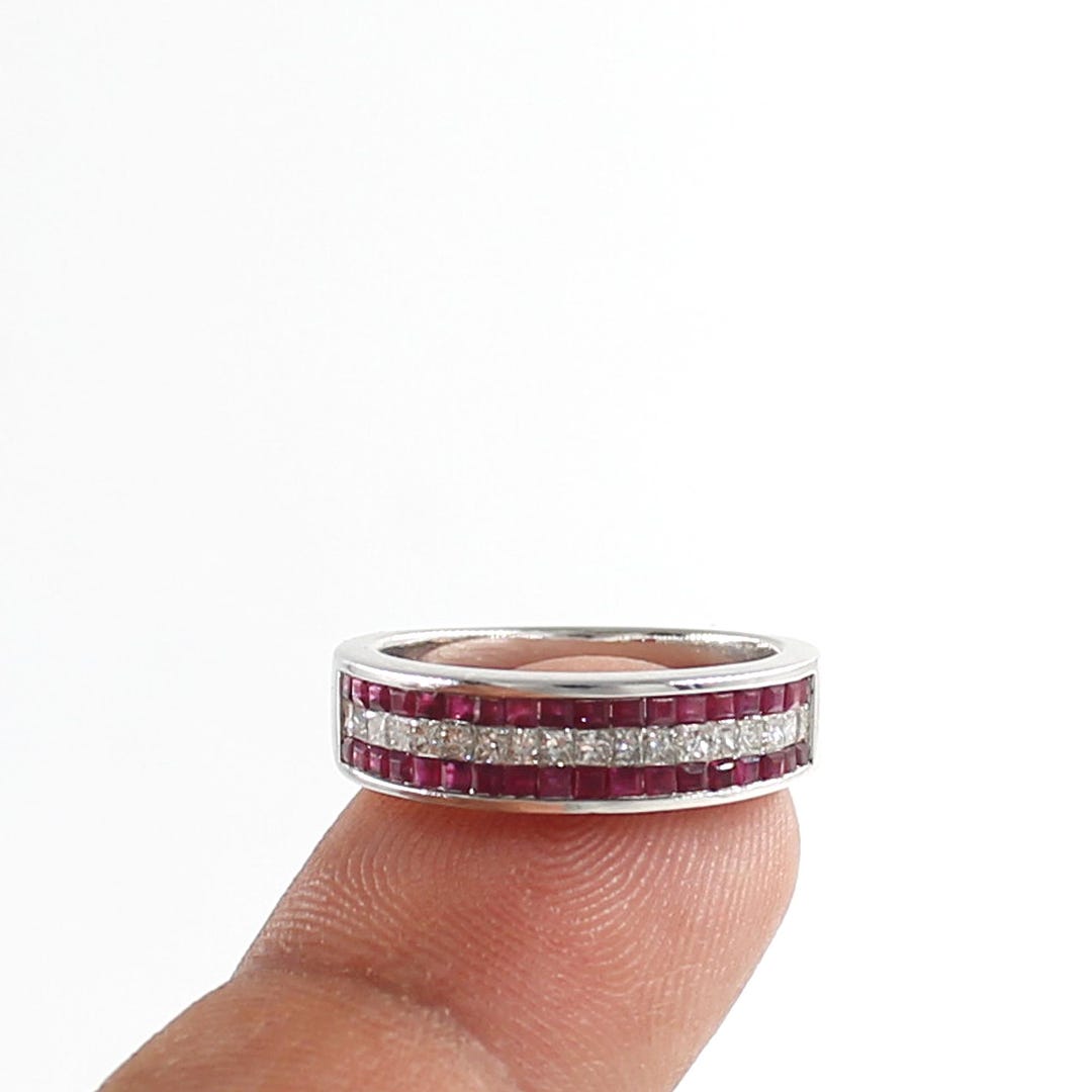 Natural Ruby Diamond Silver Ring Band, Solid 925 Sterling Silver, July ...