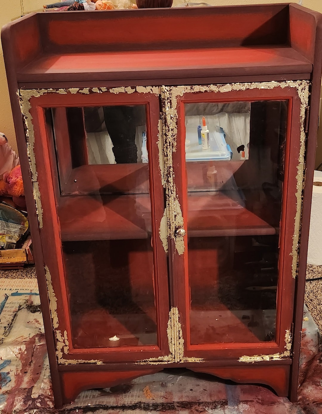 SOLD! Handpainted, Small, Solid Wood Red Cabinet With Gold Leaf Accents ...