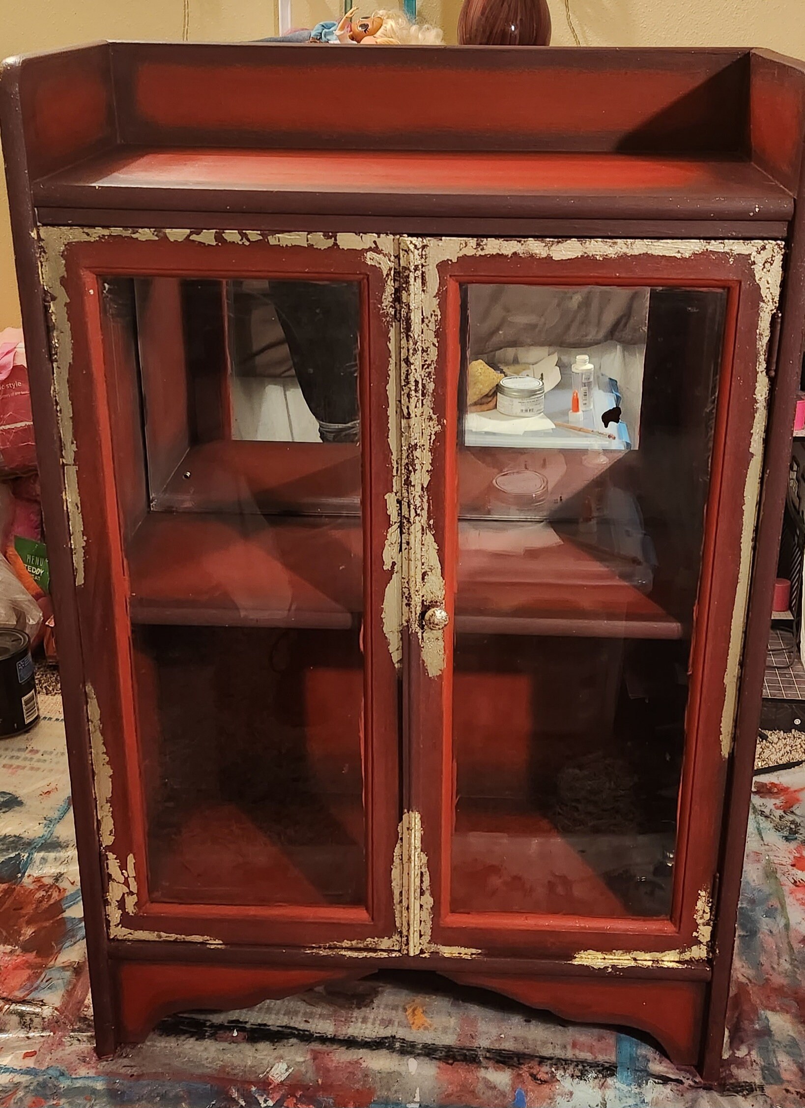 SOLD! Handpainted, Small, Solid Wood Red Cabinet With Gold Leaf Accents ...