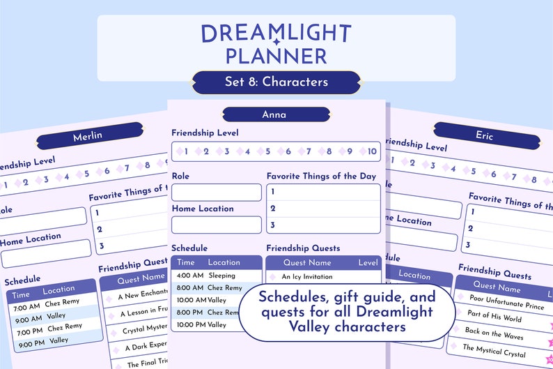 Dreamlight Valley Planner - Set 8 Characters | Leveling + Gifts Guide ...