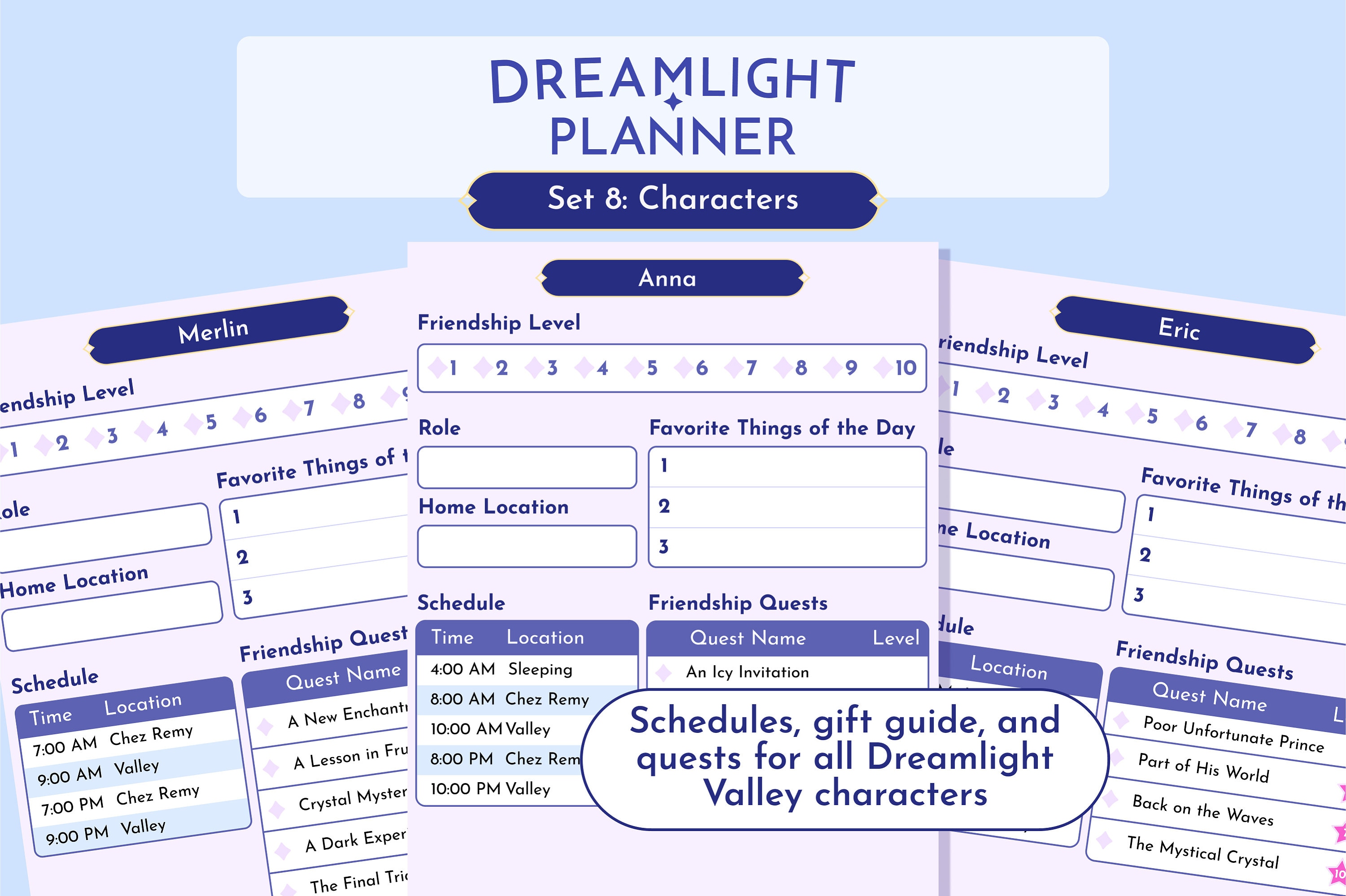 Dreamlight Valley Planner - Set 8 Characters | Leveling + Gifts Guide ...