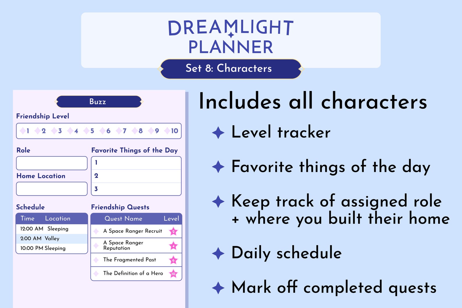 Dreamlight Valley Planner - Set 8 Characters | Leveling + Gifts Guide ...