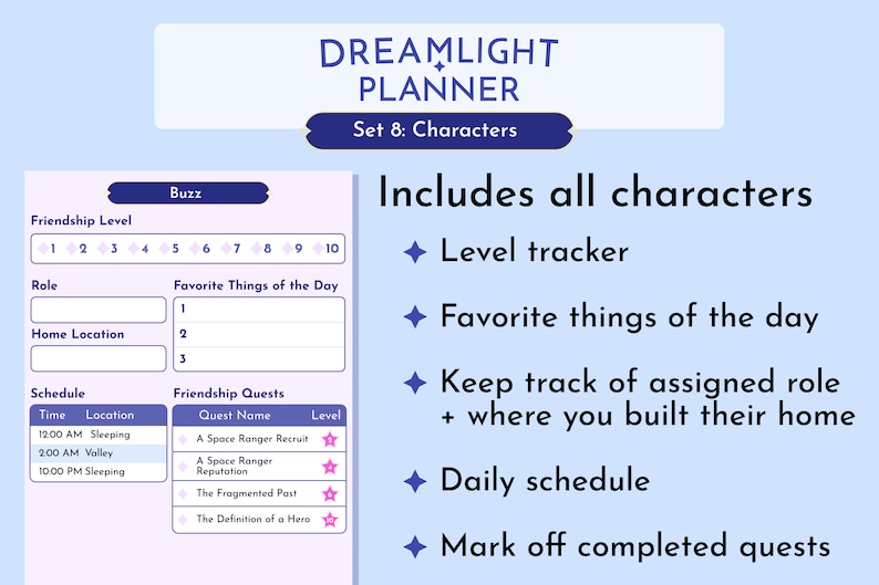Dreamlight Valley Planner - Set 8 Characters | Leveling + Gifts Guide ...