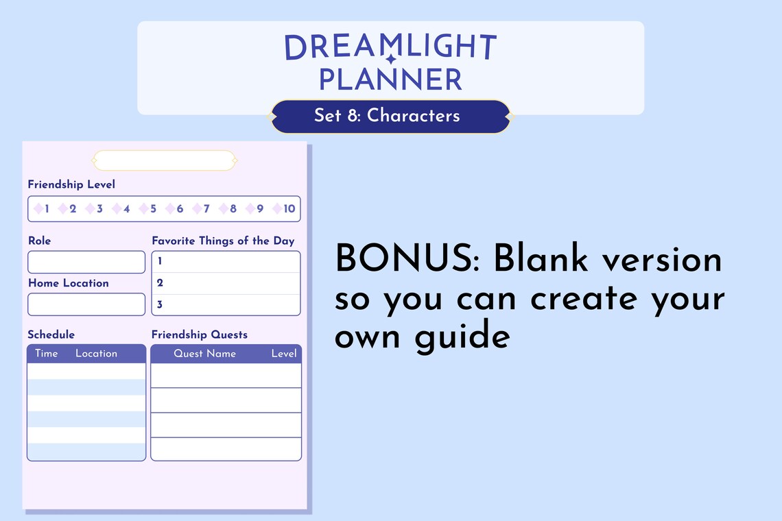 Dreamlight Valley Planner - Set 8 Characters | Leveling + Gifts Guide ...