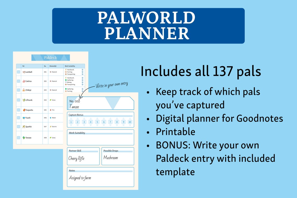 Palworld Planner - Paldeck Entry Guide | Goodnotes Template | Printable ...
