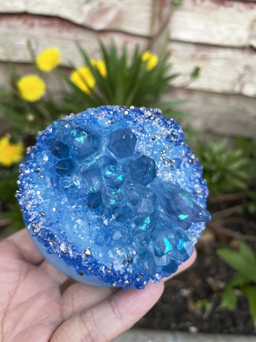 Ocean Blue Geode Quartz Cluster 80mm Large Sphere Funeral Cremation Urn ...