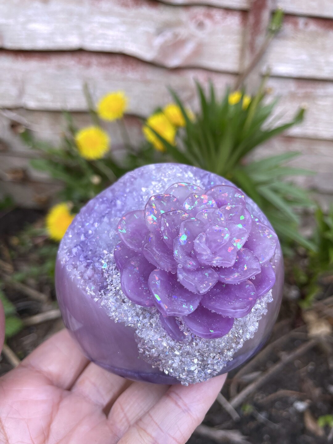 Succulent in Purple Geode Cluster 80mm Large Sphere Funeral Cremation ...