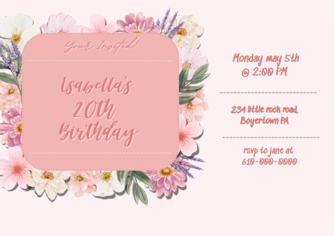 Pink Flower Invitation Card - Etsy