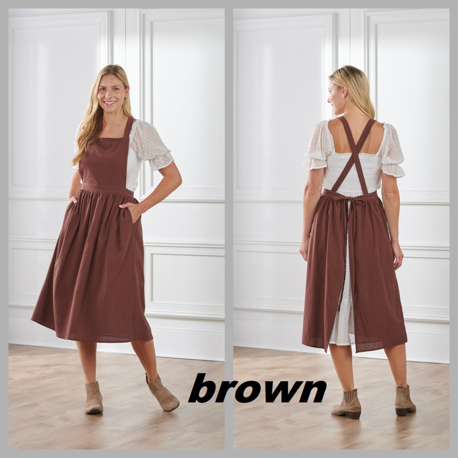 Custom Logo Women Apron Dress-beige, Adjustable, Linen Cotton Pinafore ...