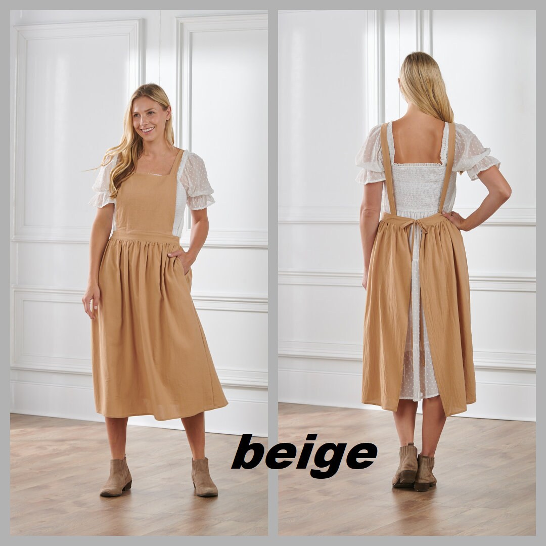 Custom Logo Women Apron Dress-beige, Adjustable, Linen Cotton Pinafore ...