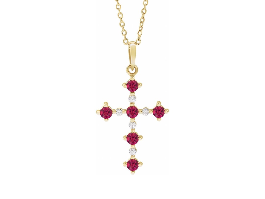 Ruby and Diamond Cross Necklace Gold, 14K Gold Cross Pendant Ruby, Round Ruby Cross Pendant ...