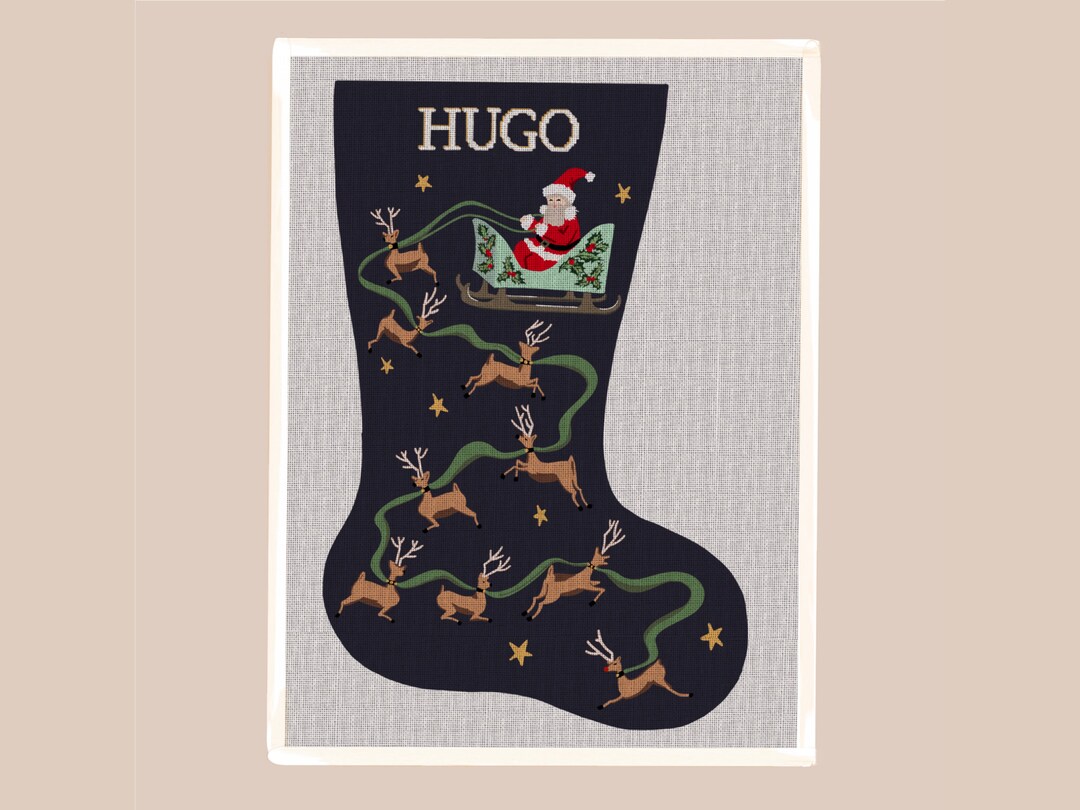 Santa’s Flight Needlepoint Christmas Stocking Kit, Modern Personalized ...