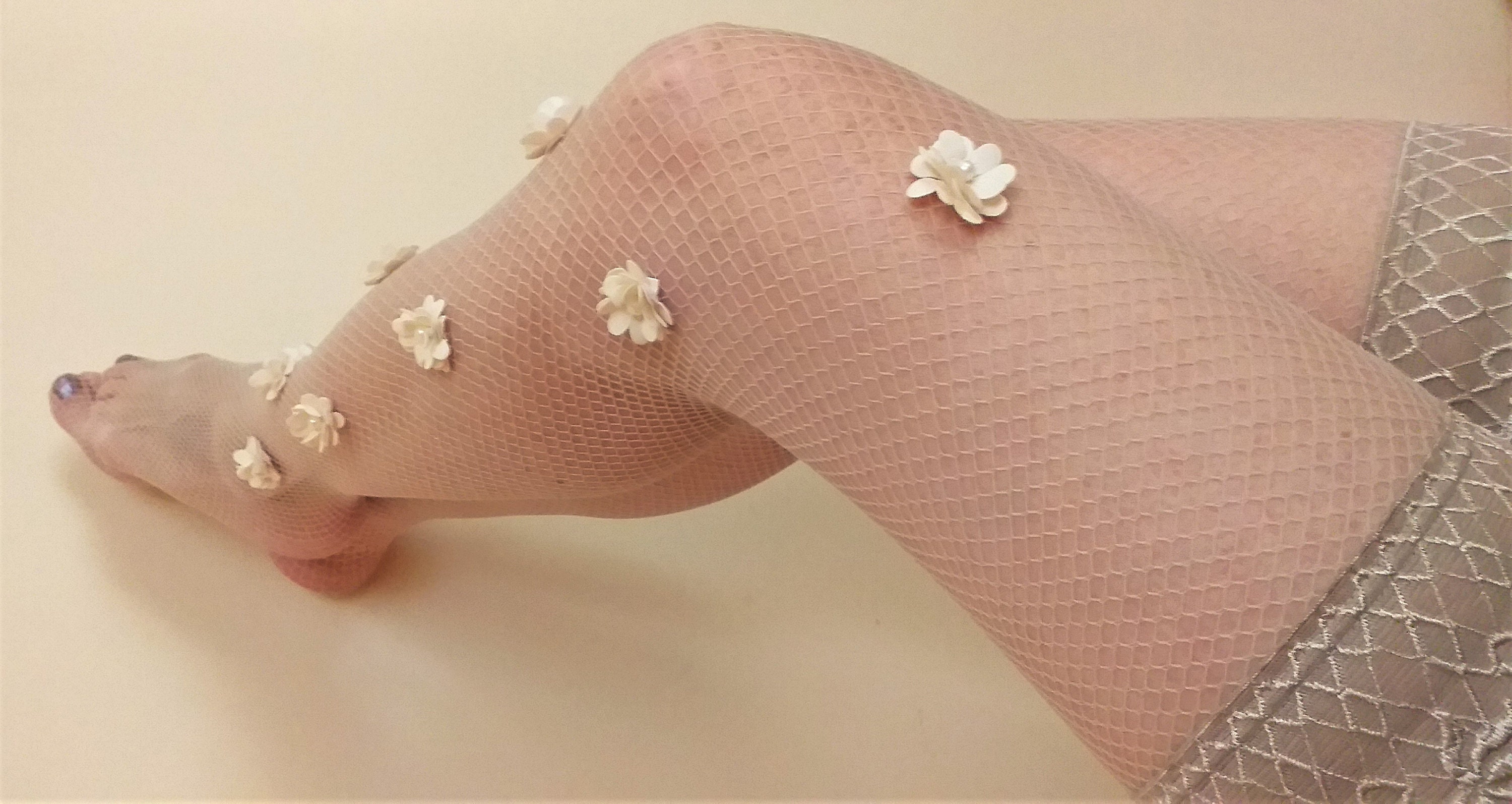 Fishnet Tights. Mesh Embroidered Floral Beige Bridal Thigh High ...