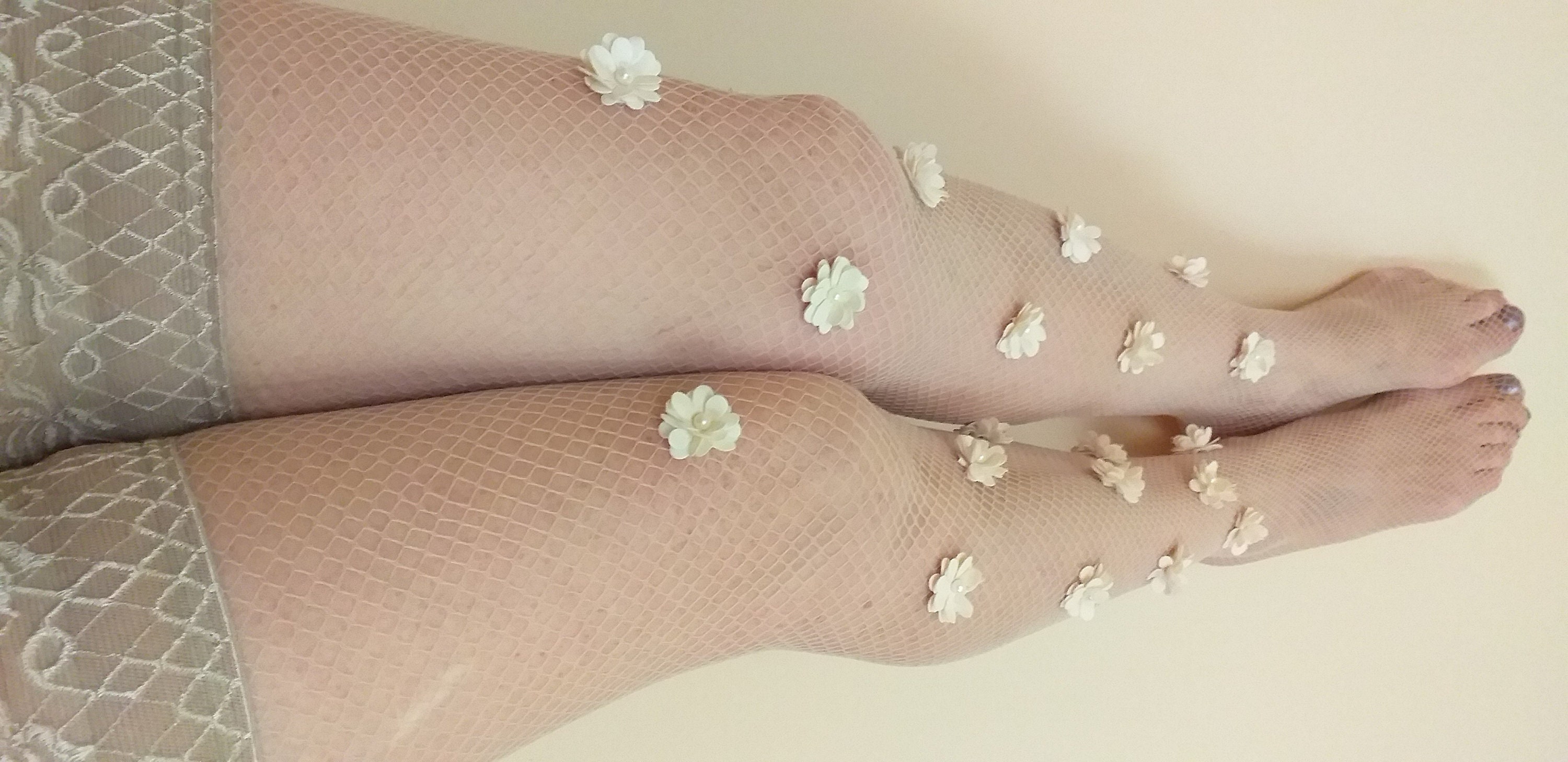 Fishnet Tights. Mesh Embroidered Floral Beige Bridal Thigh | Etsy