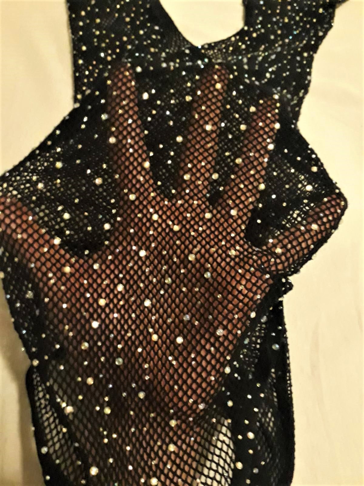 Fishnet Rhinestones Bodysuit. Catsuit Mesh Sheer Crystals Sexy Black ...