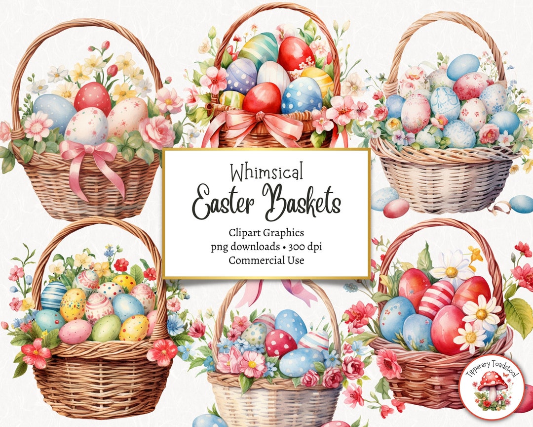 Whimsical Easter Basket Watercolor Clipart, Digital Clipart, Digital ...