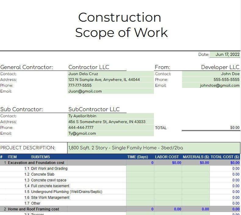 Construction Scope Of Work Template Etsy